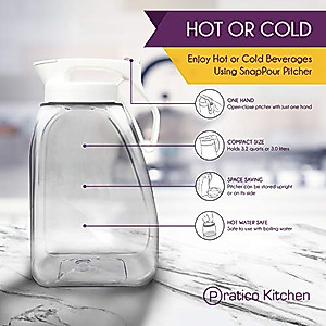 Pratico Kitchen SnapPour Water, Juice, and Beverage Pitcher, Made in Japan, 3.2 qt, 102 oz, White