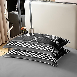 Castle Fairy 100% Nature Cotton Race Car Themed Duvet Cover Set Stripes Geometric Honeycomb Comforter Cover Set Twin Size with 1 Pillowcase Black White Checkered Flag Print Bedding Set
