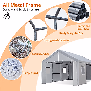 Agrestem Carport 13 x 20 Heavy Duty Portable Garage, Waterproof Anti-Snow Carport with Removable Sidewalls 180G PE Fabric, Galvanized Steel Pipe, 4 Roll-Up Ventilated Windows, Car Port for Car Pickup