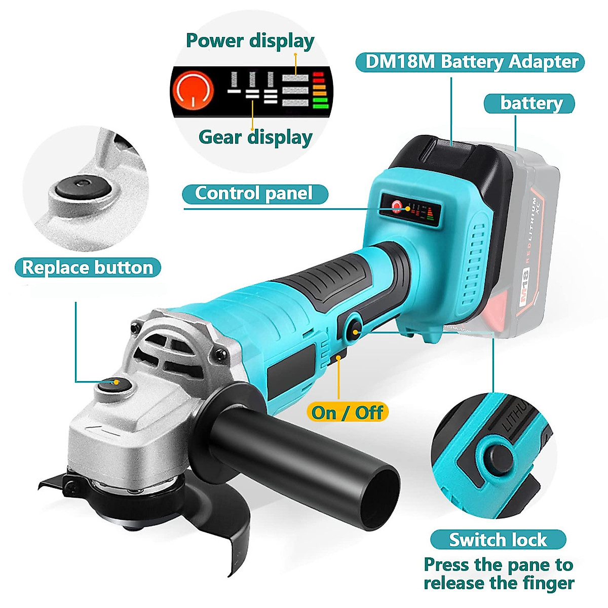 Cordless Angle Grinder, 18V variable speed metal grinders w/DM18M Battery Adapter，10000RPM Brushless Motor, 3/8 arbor, 110V 4-inch high power(Battery not include)