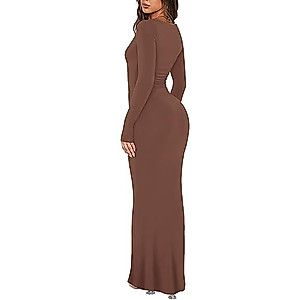 REORIA Women's Sexy Casual Scoop Neck Long Sleeve Lounge Long Dress Elegant Fall Wedding Guest Tight Ribbed Bodycon Maxi Dresses Coffee Medium
