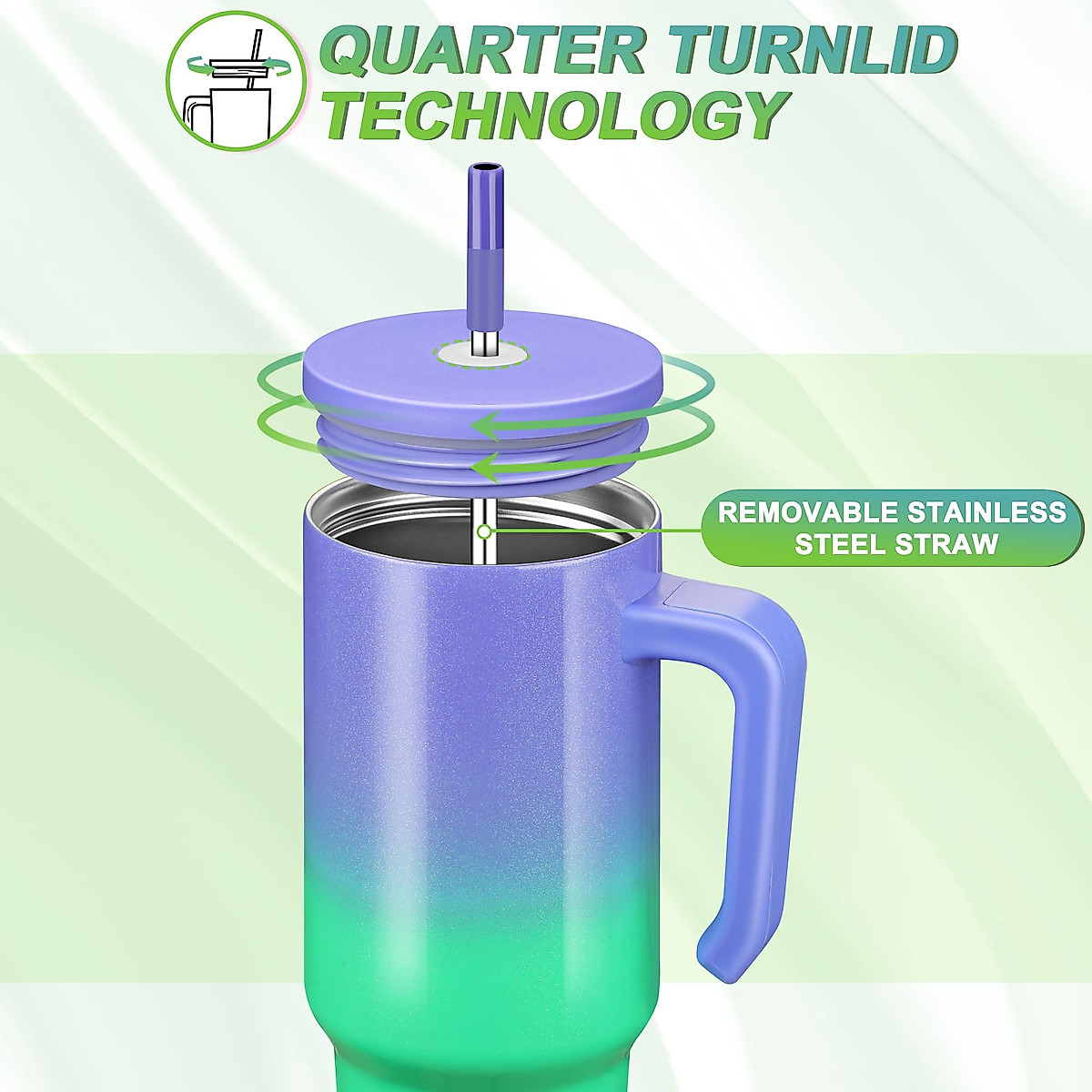 40 oz Tumbler with Handle | Insulated Tumbler with Leak-proof Lid and Straw | Stainless Steel Coffee Travel Mug | Reusable Water Bottle Cup | Keeps Cold for 34Hrs (Fairyland Green)
