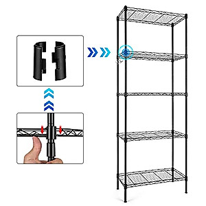 AMZOOM 5-Tier Steel Wire Shelving Unit, Adjustable Metal Shelves, Stainless Steel Storage Rack with Hooks and Leveling Feet, Suitable for Living Room Bathroom Garage Kitchen Pantry (Black)