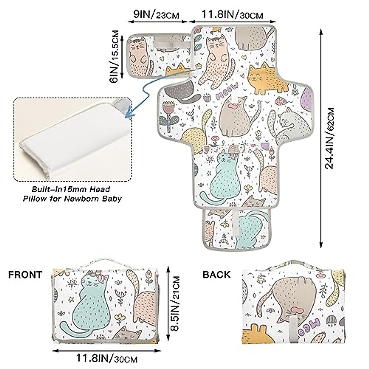 Bulletgxll Cute Summer Cats Portable Diaper Changing Pad Waterproof Changing Pad with Baby Tissue Pocket and Magic Stick for Newborn Baby.
