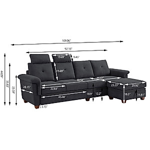 Chireca Convertible Sectional Sofa, Modern Microfibe L Shaped Couch with Storage Chaise and Cup Holder 4 Seat Sofa Couches with Extra Headrests for Living Room, Apartment, Dark Grey