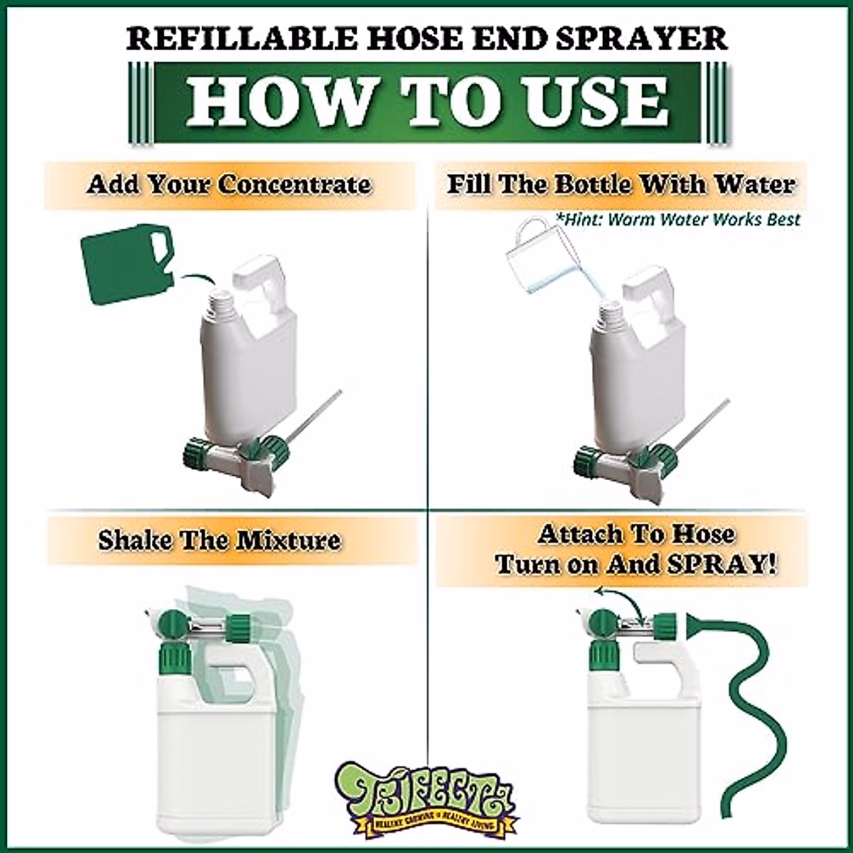 Refillable Hose-End Sprayer with 32oz Bottle, 20 to 1 Ratio, Garden Hose Fertilizer Dispenser, Easy to Use, Lawn Sprayer, Garden Sprayer, and More (Trifecta Natural: 32oz Hose Sprayer with Bottle)