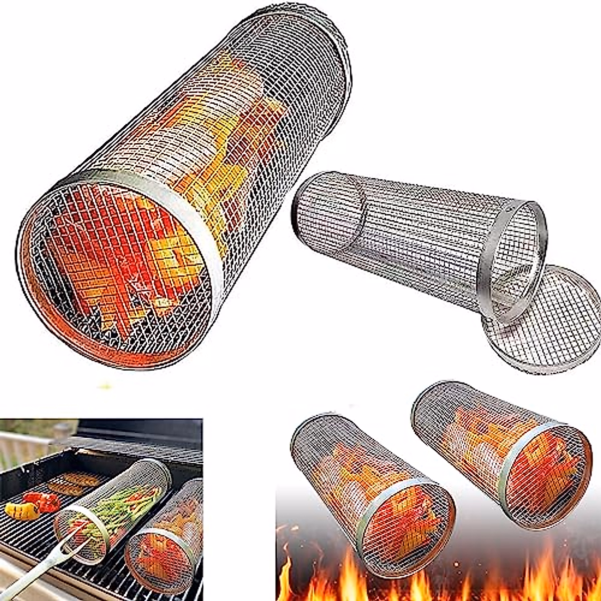 OQOPO BBQ Net Tube, Rolling BBQ Grilling Basket, Outdoor Picnics BBQ Grill Stainless Steel Mesh Versatile Cylinder Grill Cooking Accessories for Vegetables,Fries,Meat,Fish BBQ Net Tube (2Pcs)