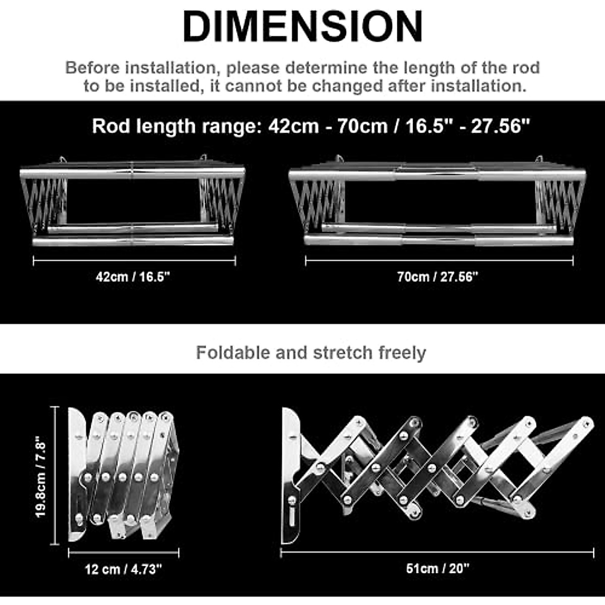 AUMIO Wall Mounted Drying Rack, Stainless Steel Clothing for Laundry Foldable, Clothes Drying Rack Folding Indoor, Laundry Drying Rack with 7 Rods, Accordion Retractable for Laundry/Bathroom