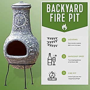 Outdoor Clay Chiminea Fire Pit Overall Size 34.2 inch Tall - Patio Handcrafted Chimenea, Backyard Fireplace with Cover Lid, Rustic Ceramic Chimney