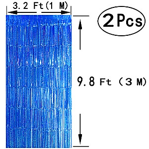 Blue Metallic Foil Fringe Curtains - Wedding Anniversary Birthday Graduation Bachelorette Retirement Christmas New Years Party Celebration Photo Booth Backdrop Decoration, 3.2 ft x 9.8 ft, 2pc
