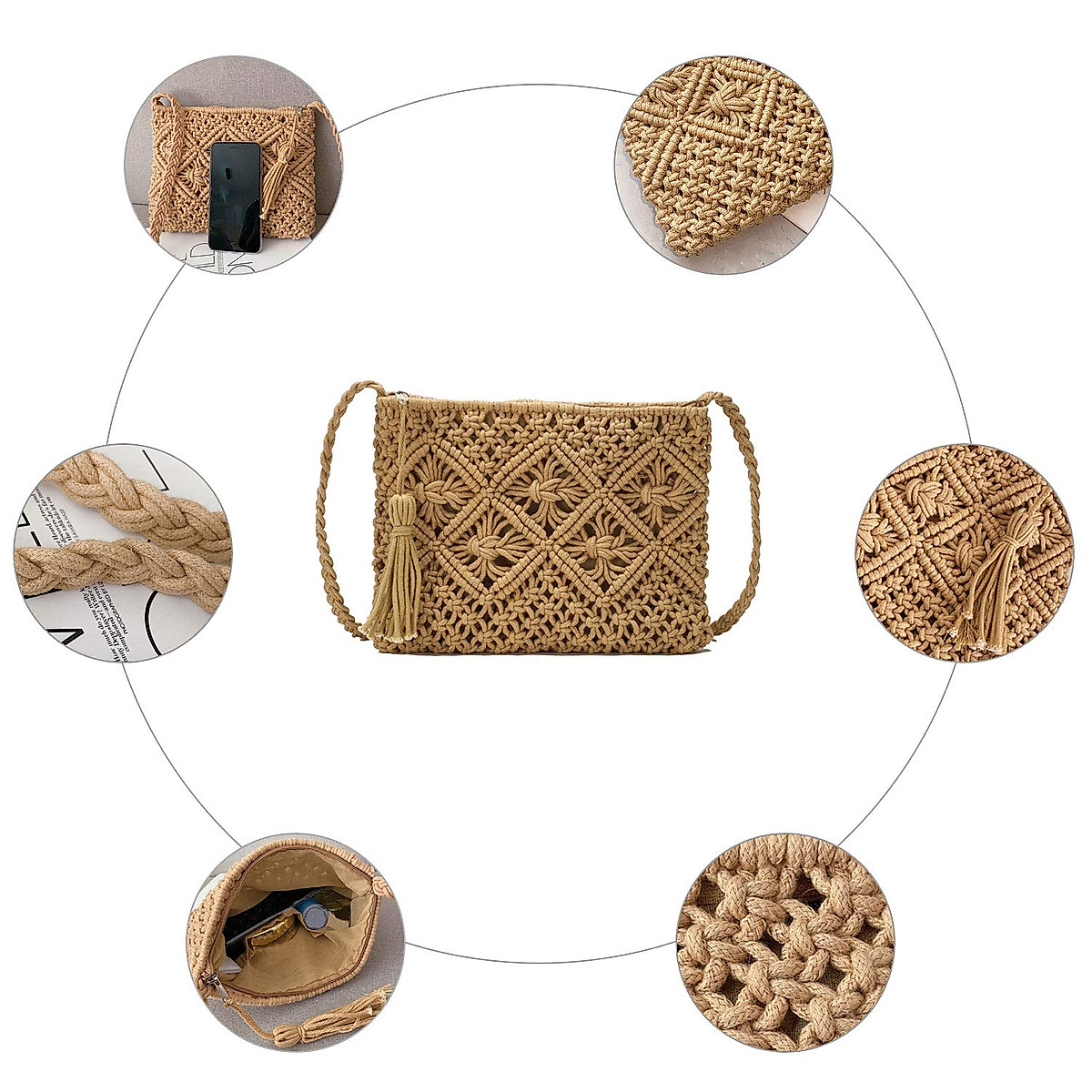 WOG2008 Women Summer Straw Crossbody Bags Woven Chain Fringed Small Square Purses Stylish Tassel Beach Handbag