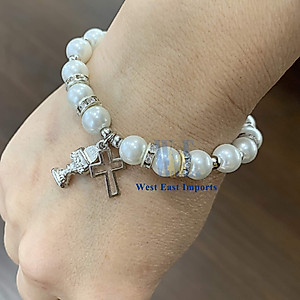 First Holy Communion Favor (12 PCS) White Pearl Bracelet Silver Metal Chalice Cross Charms in Organza Gift Bags with Flowers and Ribbons/Recuerdos para Primera Comunion Niña Niño