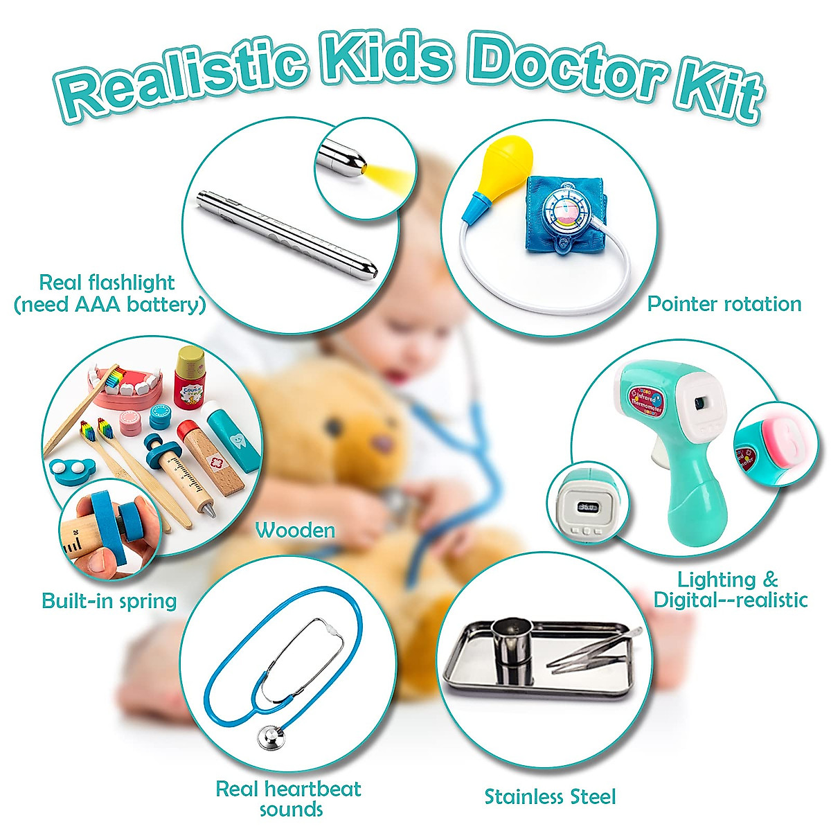 Juboury Doctor Kit for Kids 34Pcs Toy Medical Kit with Stain Steel Stethoscope, Flashlight, Tray, Iodine Cup, Wooden Accessories, Dress Up Costume and Doctor Bag for Kids, Girls, Boys, Toddlers