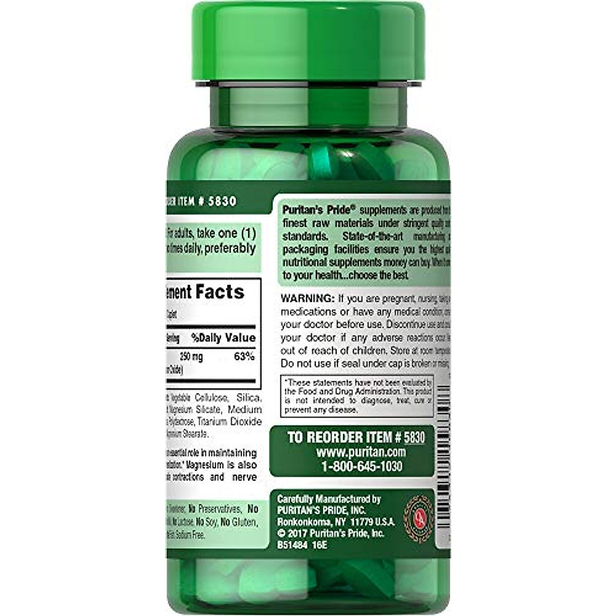 Puritans Pride Magnesium 250 Mg Caplets, 100 Count