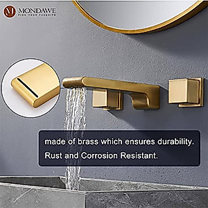 MONDAWE Brushed Gold Bathroom Faucets, Wall Mounted Sink Faucet with 2-Handle, Modern 3 Holes Widespread Basin Faucet