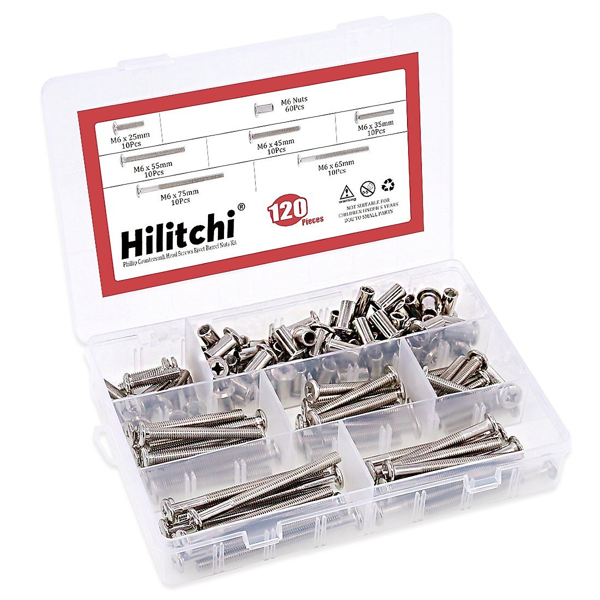 Hilitchi 120-Pcs M6 x 25/35 / 45/55 / 65 / 75mm Rivet Phillip Countersunk Head Screws Bolts Dowel Barrel Nuts Assortment Kit for Furniture Hardware Fitting