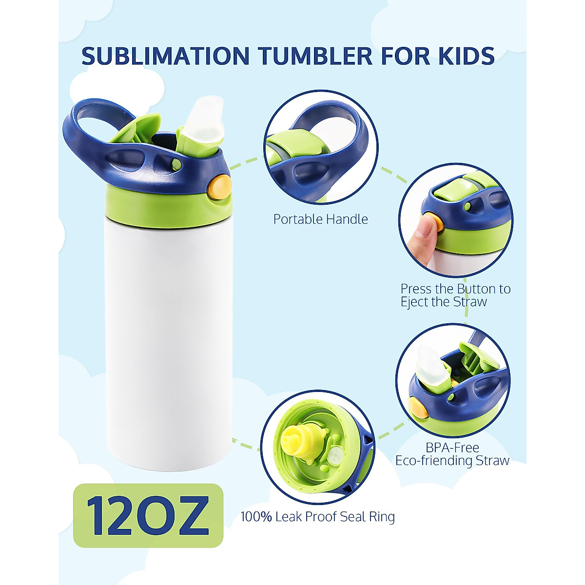 OFFNOVA 12oz Kids Sublimation Tumbler, Kids Sublimation Water Bottle Blank with Handle, Children Sublimation tumblers Cups for Milk, Soda, Juice, Drinks (2 Pink)