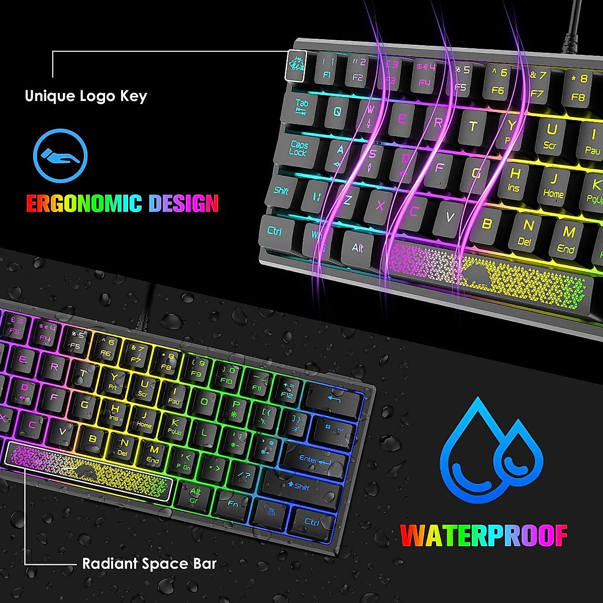 ZIYOU LANG K61 60% Gaming Keyboard Mini Portable with Rainbow RGB Backlit Ergonomic 62Key Layout 19Key Anti-ghosting Mechanical Feel Waterproof USB Wired for PC Mac Windows Gamer Laptop Typists(Black)