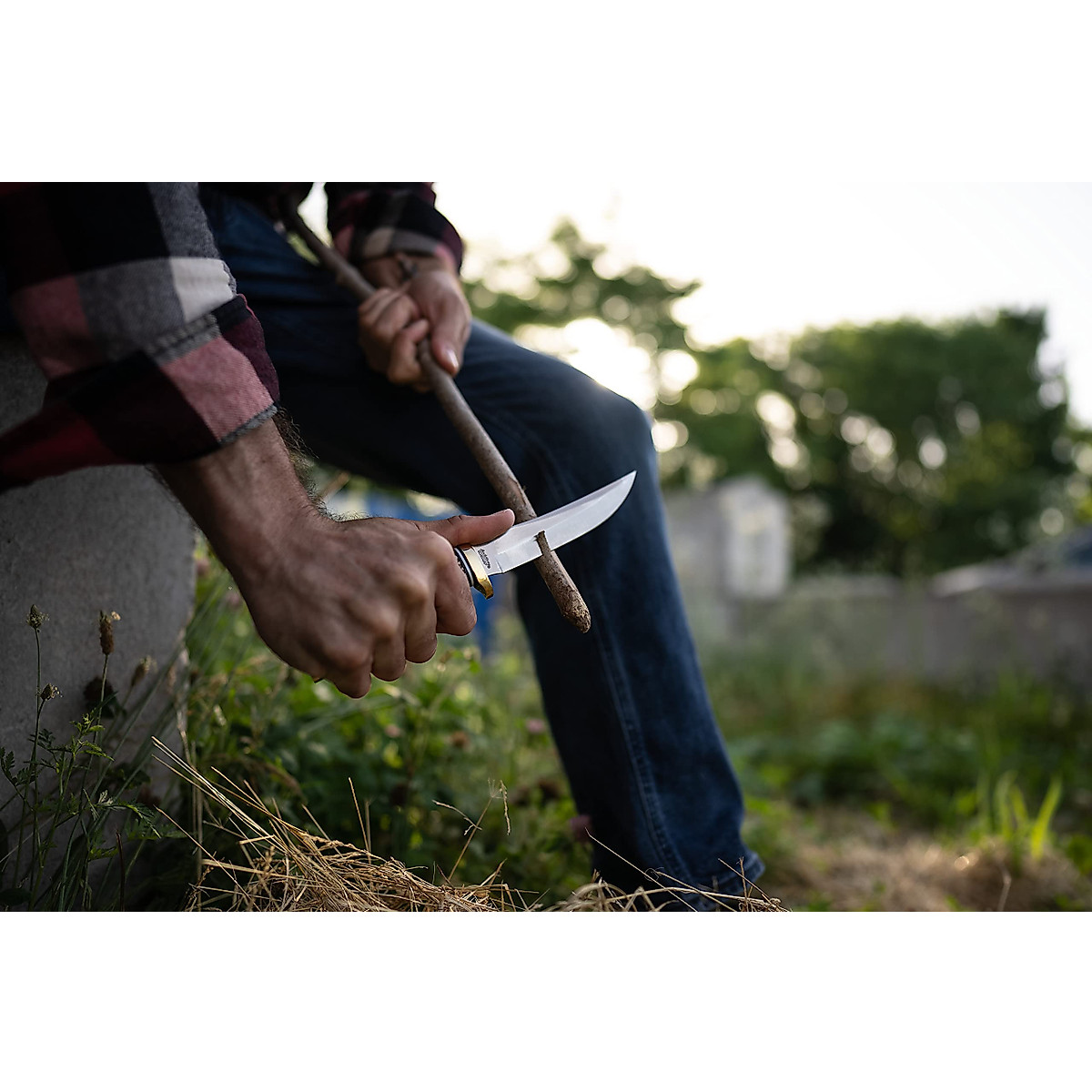 Uncle Henry 153UH Next Gen Golden Spike Knife with 5in High Carbon S.S. Fixed Blade, Staglon Handle, Sharpening Stone, and Leather Belt Sheath for EDC, Hunting, Survival, Camping, and Outdoors