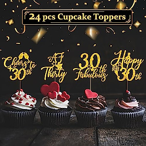 30th Birthday Decorations Banner & Cake Topper and Cupcake Topper Set, Cheers to 30 Years Birthday Party Supplies Gold Glitter Banner with 25 Pcs Cake and Cupcake Decor for Women and Men
