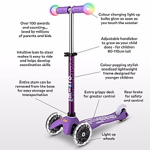 Micro Kickboard - Mini Deluxe Magic with Light-up Handlebars, and LED Light-up Wheels, 3-Wheeled, Lean-to-Steer, Swiss-Designed Micro Scooter for Kids, Ages 2-5 (Purple)