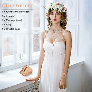 Women Rhinestone Jewelry Set Crystal Choker and Earring Set Bridal Wedding Bling Necklace Multilayer Bracelet Earring Bling Glitter Purse Ring Costume Jewelry (Gold Color)