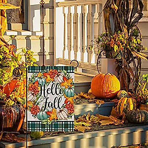 Hzppyz Hello Fall Home Decorative Garden Flag Pumpkins Maple Leaves Wreath, Welcome Autumn House Yard Blue Buffalo Plaid Decor, Farmhouse Outside Decoration Seasonal Harvest Outdoor Small Flag 12 x 18