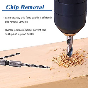 Mesee 6Pcs Brad Point Stubby Drill Bits Set, HSS 4241 Steel with 1/4" Quick Change Hex Shank, Spiral Twist Bit for Metal/Aluminum Iron/Sheet Copper/Wood Woodworking