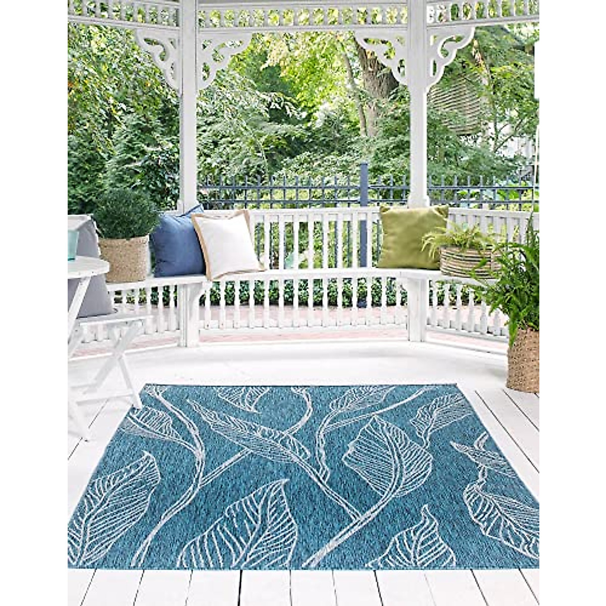Unique Loom Outdoor Botanical Collection Area Rug - Leaf (6' 1" x 9' Rectangle, Teal/ Ivory)