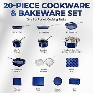 GRANITESTONE 20 Pc Kitchen Pots and Pans Set Non Stick Cookware Set, Kitchen Cookware Sets, Granite Nonstick Cookware Set, Diamond Coated Non Toxic Cookware Set, Oven & Dishwasher Safe - Blue