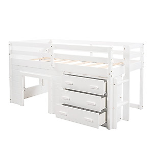 Bellemave Low Loft Beds with 3 Drawers Twin Loft Bed Frame with Cabinet and Bedside Tray Wood Farmhouse Loft Bed for Kids Girls Boys Teens, White
