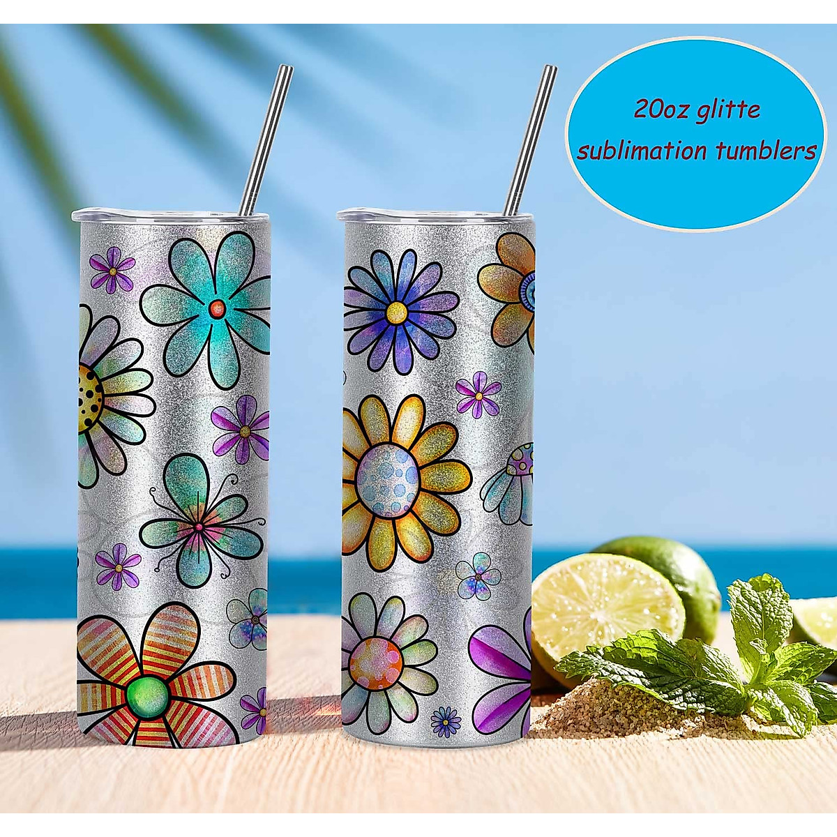Wzaytia Glitter Sublimation Tumblers 20 Oz Skinny Straight, 8 Pack Sublimation Glitter Skinny Tumbler Blanks, Insulated Stainless Steel Tumbler, Silver