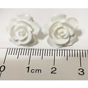Hypoallergenic Rose 3d Stud Glossy Flower Earrings on Plastic Posts, 14mm (White)