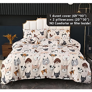 SDY 3PCS Dog Print Pattern Duvet Cover Set Twin, Bed in a Bag Duvet Cover and 2 Pillowcases, Corner Ties and Zipper Closure, Cute Cartoon Puppy Bedroom Decor for Kids, Children, Boys, Girls and Teens