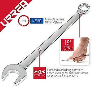 URREA 12-Point Combination Wrench - 10mm Extra Long Mechanics Tool with Extended Reach & Nickel-Chrome Finish - 1210ML