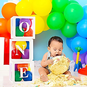 First Birthday Decorations for Boy Girls, ONE Balloon Boxes with Rainbow Balloons, ONE Blocks for Cartoon Watermelon Street Rainbow Theme Baby 1st Birthday Backdrop, Cake Smash Photo Props