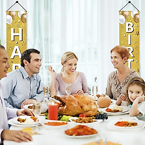 Gold White Happy Birthday Door Banner Decorations for Women Men, Golden Happy Birthday Porch Sign Party Decoration, White Gold 10th 16th 21st 30th 40th 50th 60th Bday for Outdoor Indoor