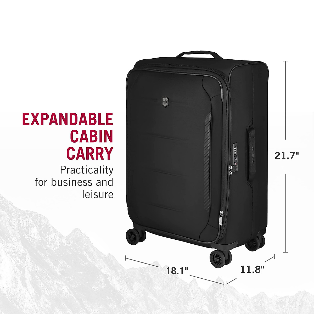 Victorinox Crosslight Large Softside Case - Large Travel Luggage with Spinner Wheels - Premium Traveling Essentials - Includes Foldable Pack Light Organizer - 74 Liter, Black