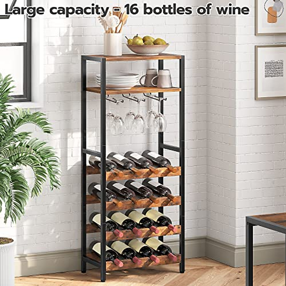 HOOBRO Freestanding Wine Rack, 16-Bottle Wine Storage Rack with Tabletop and Glass Holder, 6-Tier Bar Rack, for Kitchen, Bar, Dining Room, Rustic Brown BF04JJ01