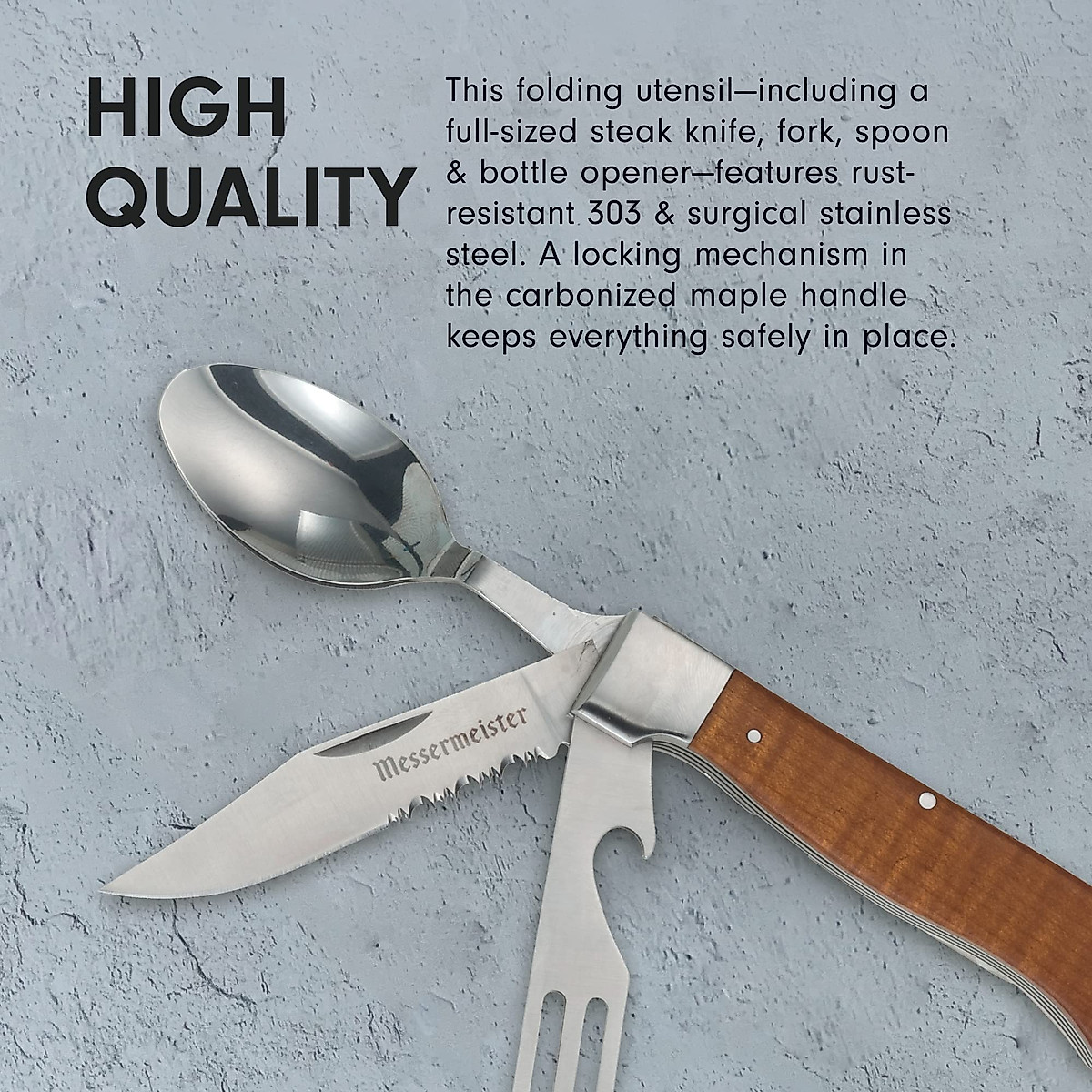 Messermeister Adventure Chef Folding Camp Utensil - Full-Sized Steak Knife, Fork, Spoon + Bottle Opener - 303 Stainless Steel & Carbonized Maple Handle