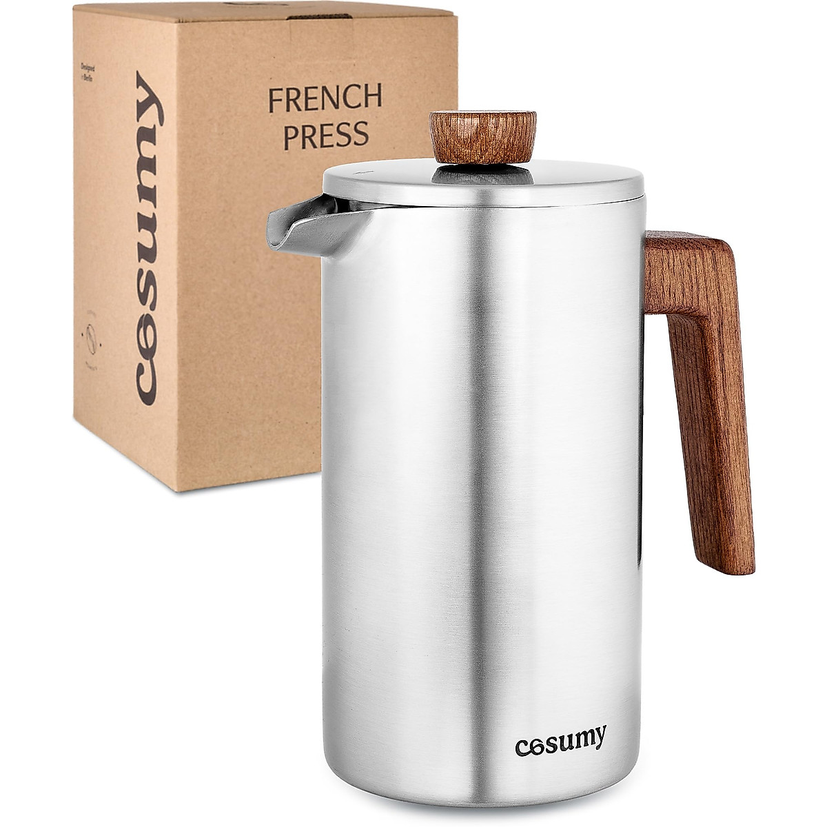 French Press Coffee Maker 34 oz - Made of Stainless Steel & Sustainable Oak Wood - Double-Walled Insulated - 2 Additional Filters - For 5 Cups