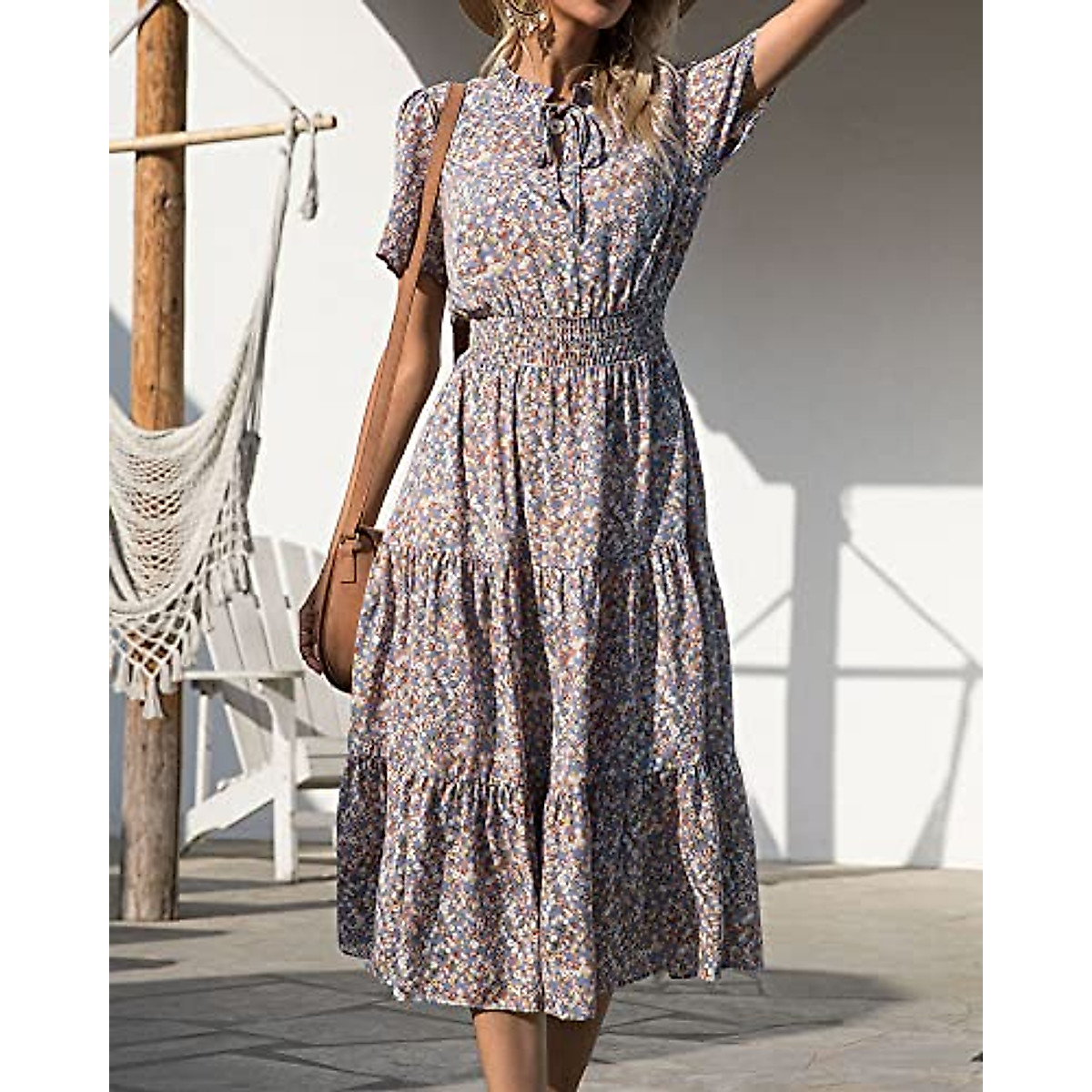 BTFBM Women's 2023 Summer Casual Boho Dress Floral Print Tie V Neck Short Sleeve Elastic Waist A-Line Midi Beach Dresses(Floral Blue, Large)