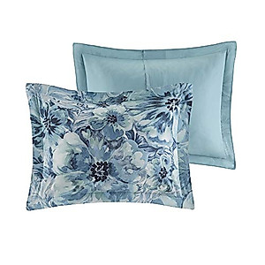 Madison Park 100% Cotton Comforter Set - Feminine Design Colorful Floral Print, All Season Down Alternative Bedding Layer and Matching Shams, King (104 in x 92 in), Enza, Teal 7 Piece