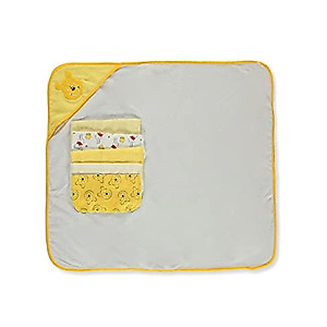 Cudlie Accessories Disney Baby Winnie The Pooh Hooded Towel with 5 Piece Washcloth Set, Honey Collector Print, GS71798, Yellow