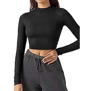 LASLULU Womens Cropped Long Sleeve Athletic Shirts Crop Tops Seamless Slim Fit Workout Yoga Sports Tops Pullover Outwear(Black Large)