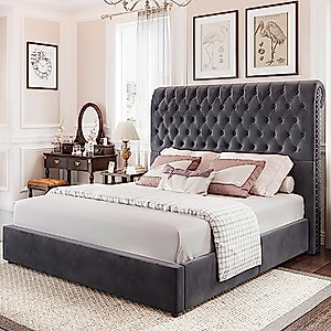 Jocisland Lift Up Storage Bed Queen Size Velvet Upholstered Sleigh Platform Bed Frame/52.4" Deep Button Tuft Headboard/Hydraulic Storage/Easy Assembly/Dark Grey