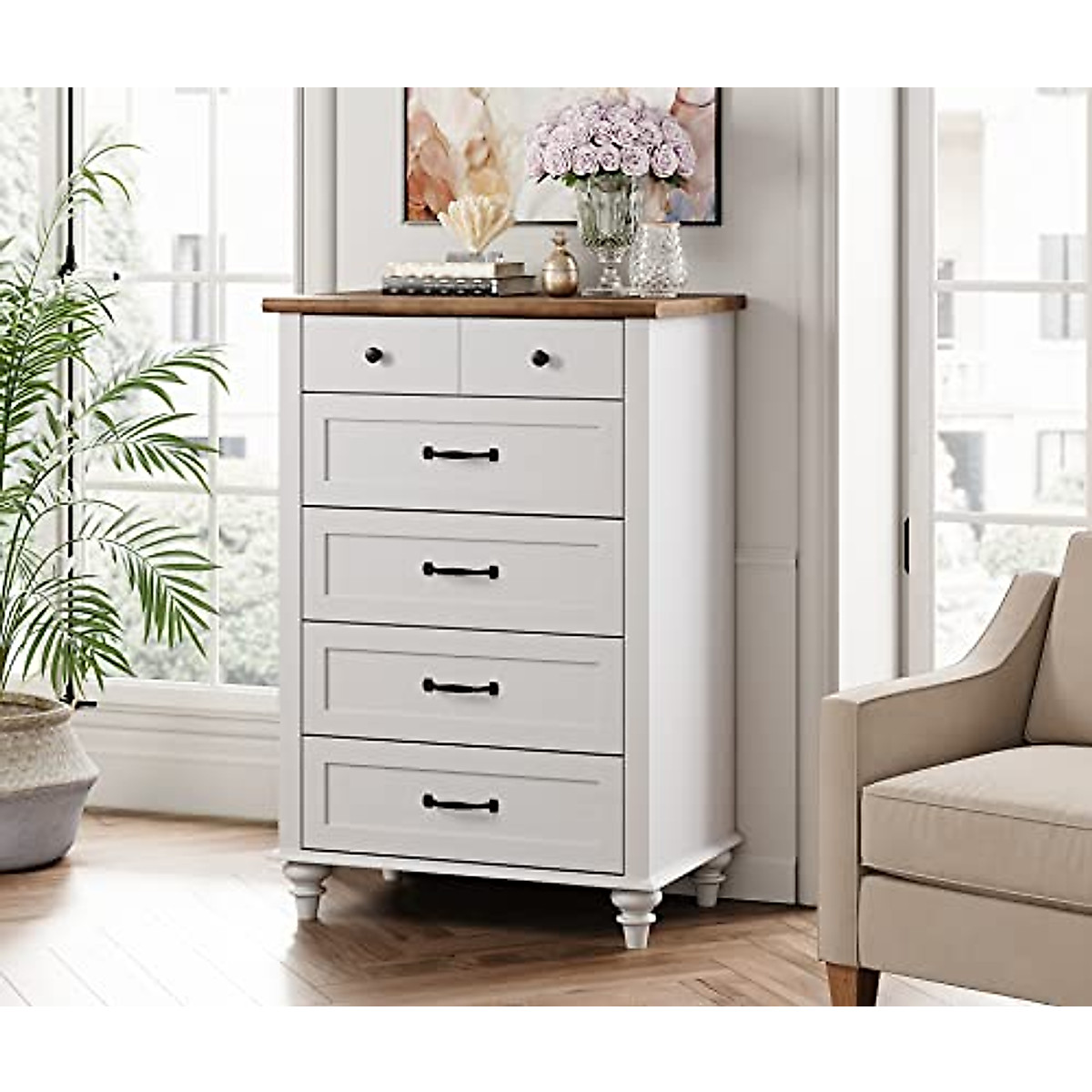 WAMPAT White Dresser for Bedroom with 5 Drawers, Tall Kids Dressers with Wide Chest of Drawers, Mid Century Modern Wooden Closet Storage Organizer, Samll Dressers for Living Room, Nursery, Hallway