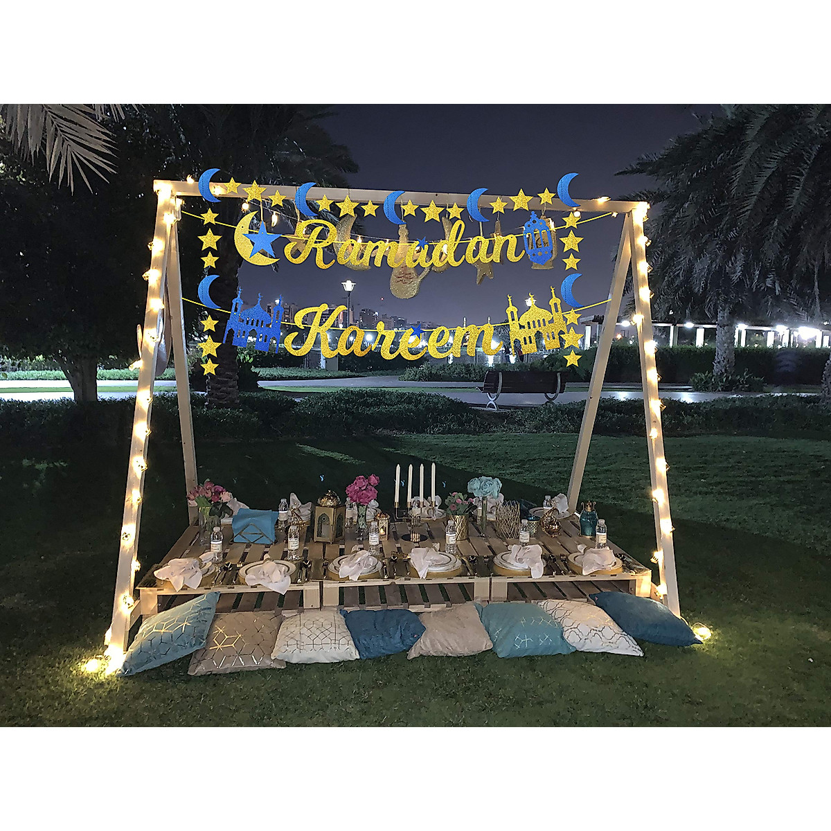 Ramadan Kareem Banner Gold Glitter Ramadan Kareem Decorations for Home, Eid Ramadan Mubarak Festival Party Decoration, Ramadan Banner Moon Star Lantern Garland Mantle Fireplace