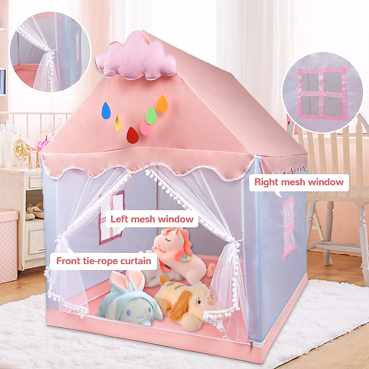 Kids Tent Play Tents for Toddler Children Indoor and Outdoor Large Pink Girls Princess Playhouse Castle with Windows Clouds and Flags Kids Room Furniture 40" L × 48" W × 52" H
