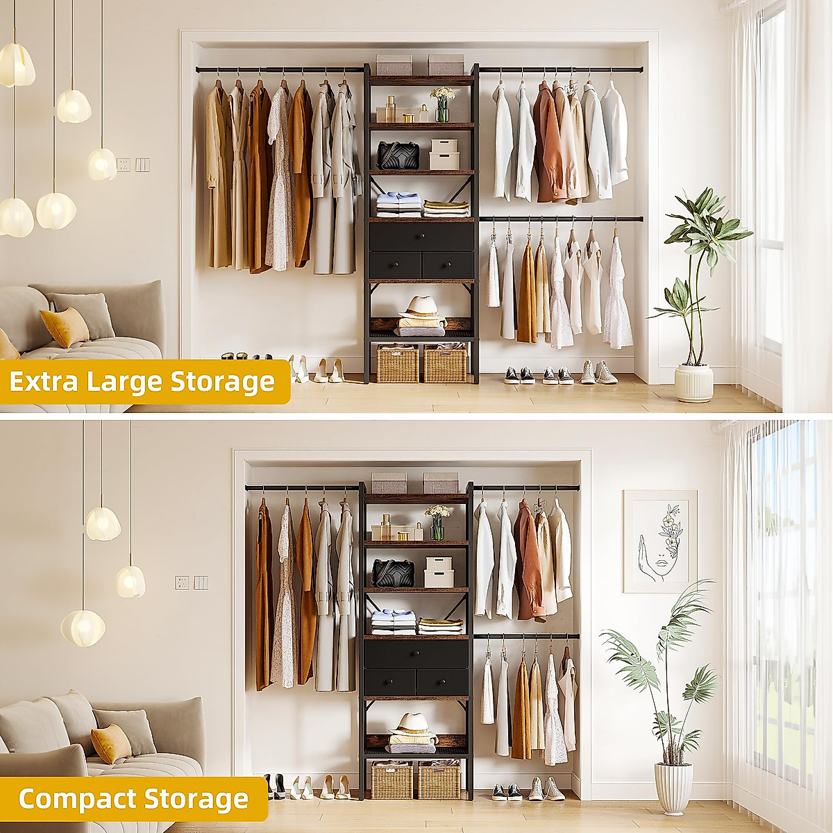 DWVO Closet System, Walk In Closet Organizer Systems with 3 Drawers, Closet Organizers and Storage with Shelves and 3 Expandable Hanger Rods, Fits 6-9 ft Space, Black